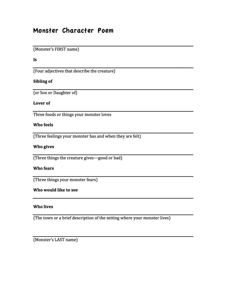 Monster Character Poem Printable